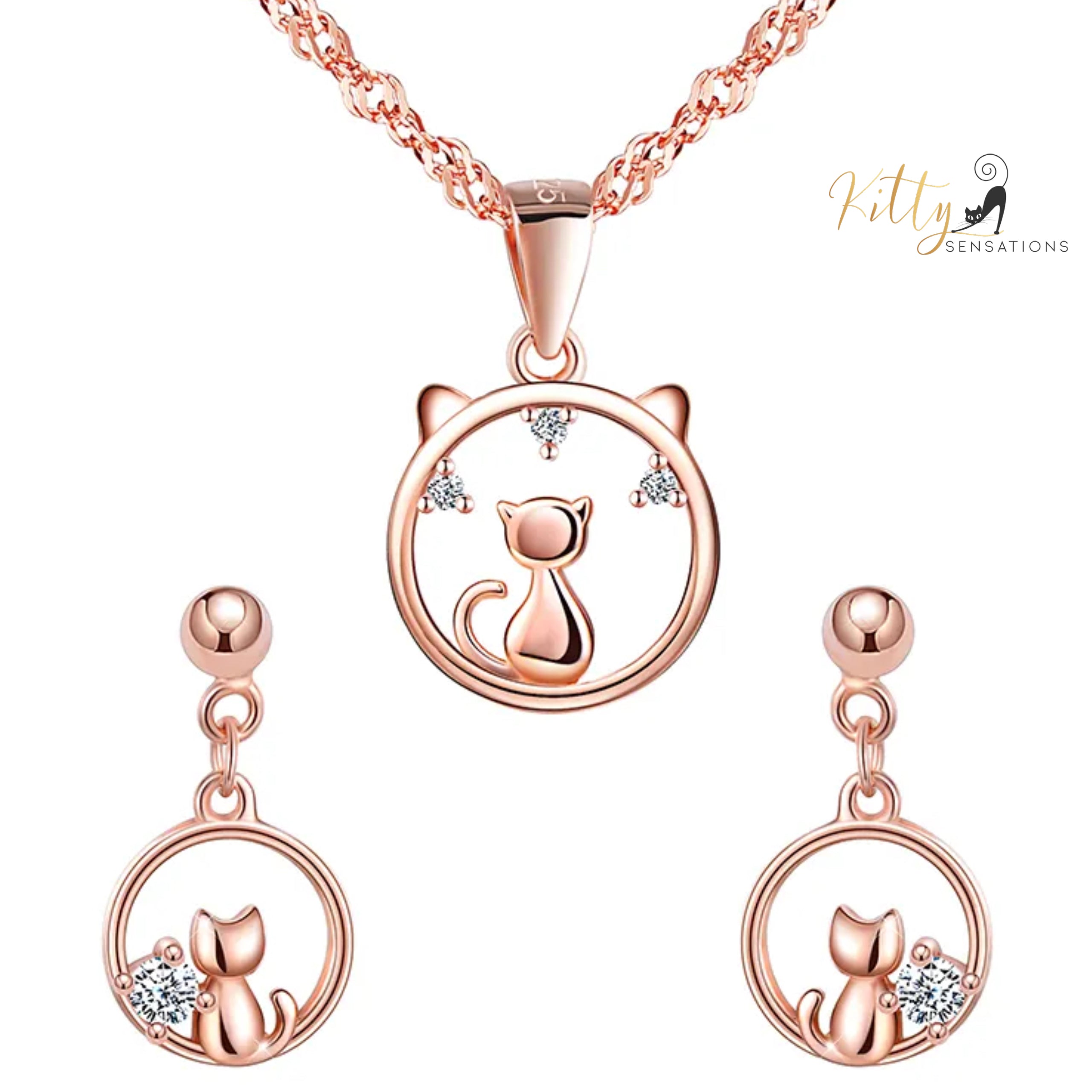Center of Your World CZ Cat Jewelry Set in Solid 925 Sterling Silver