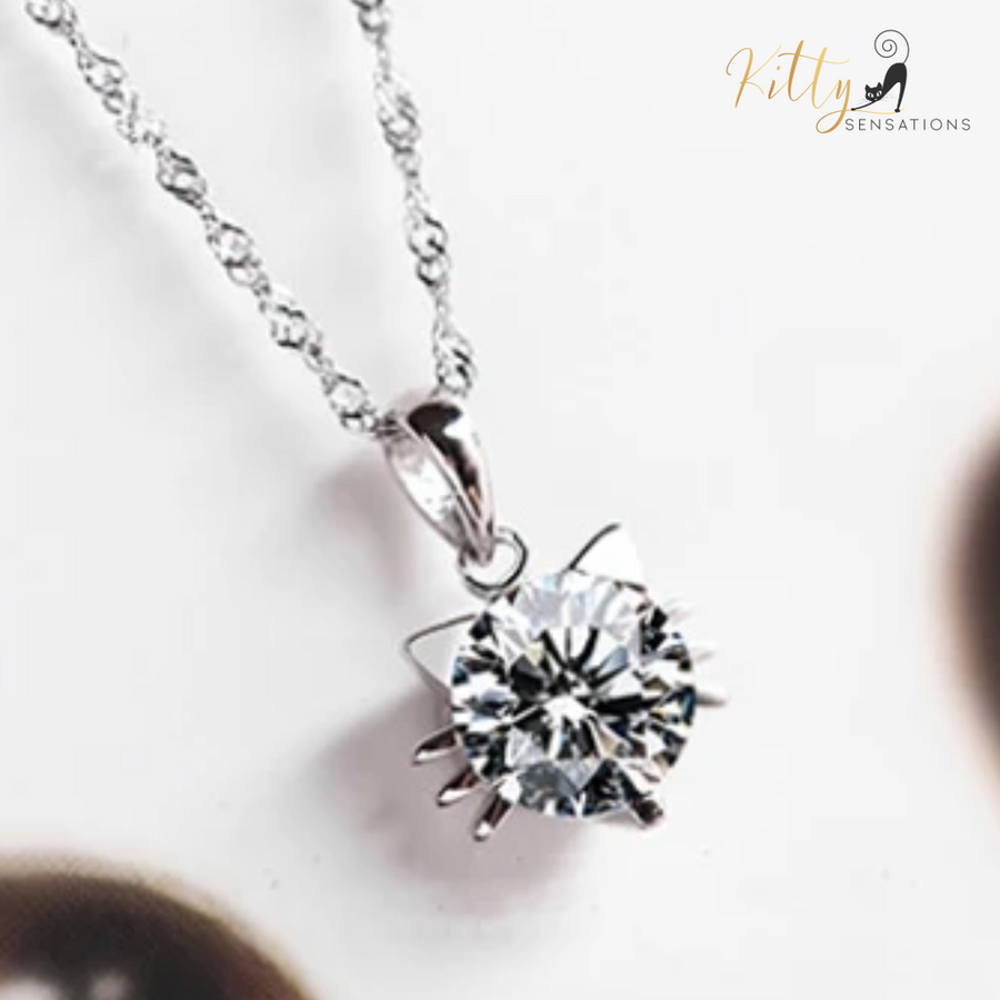 Cubic Zirconia Cat Necklace (Sterling Silver Plated) - White or Purple