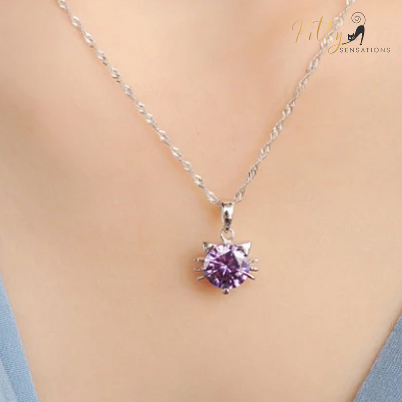 Cubic Zirconia Cat Necklace (Sterling Silver Plated) - White or Purple