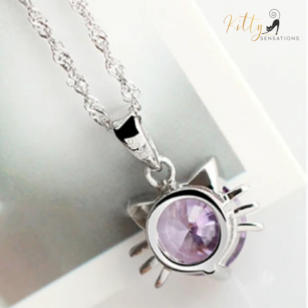 Cubic Zirconia Cat Necklace (Sterling Silver Plated) - White or Purple