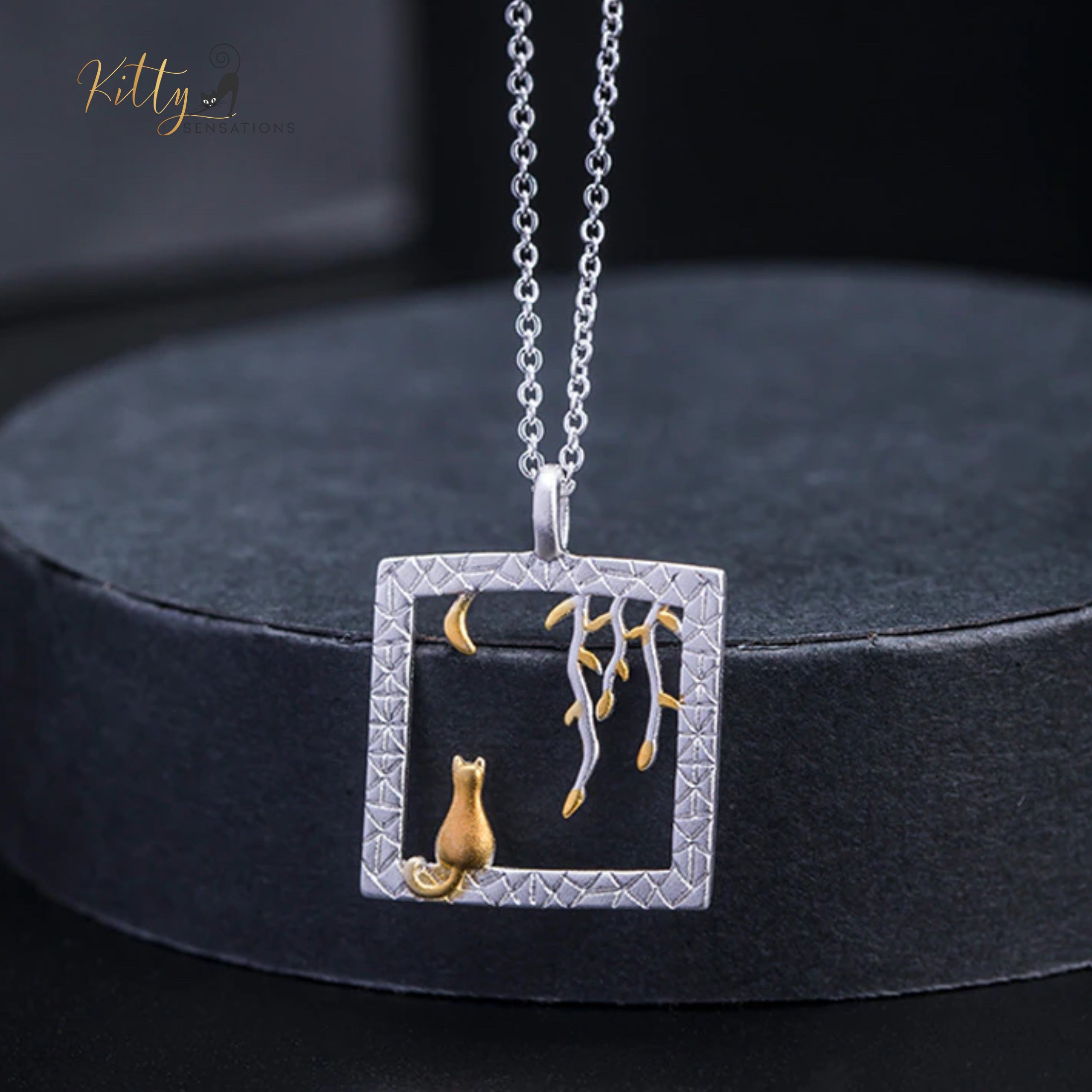 Golden-Moon-Kitty-in-Silver-Square Necklace in Solid 925 Sterling Silv