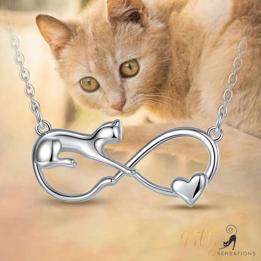 Infinite Love Cat Necklace in Solid 925 Sterling Silver - 18K Rhodium