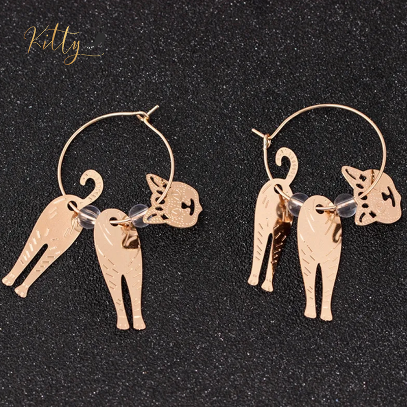 Moving Cat Hoop Earrings - Bronze-Gold Color