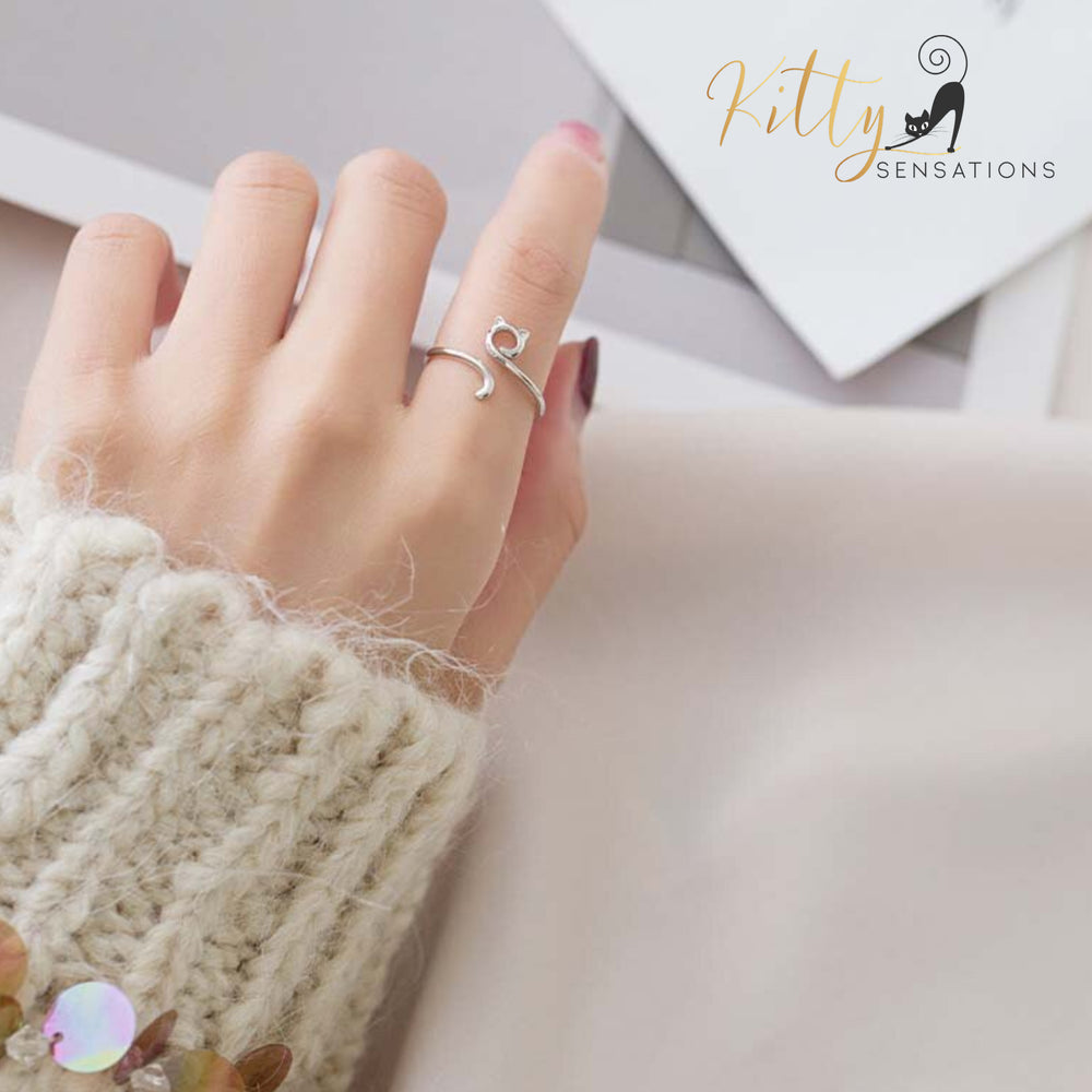 Open Face and Tail Cat Ring (Silver or Black)