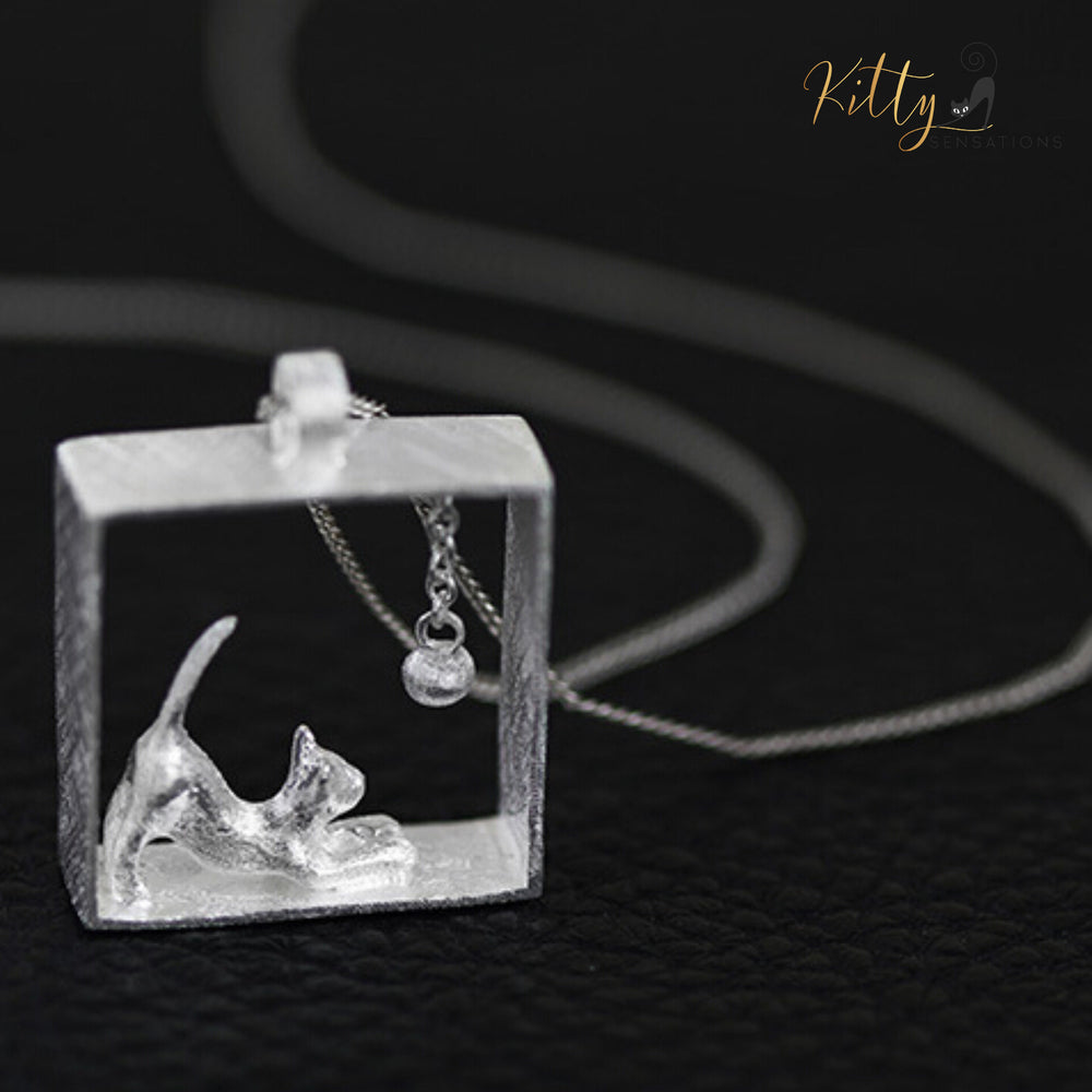 3D Playful-Kitty-in-Square-Frame Necklace in Solid 925 Sterling Silver