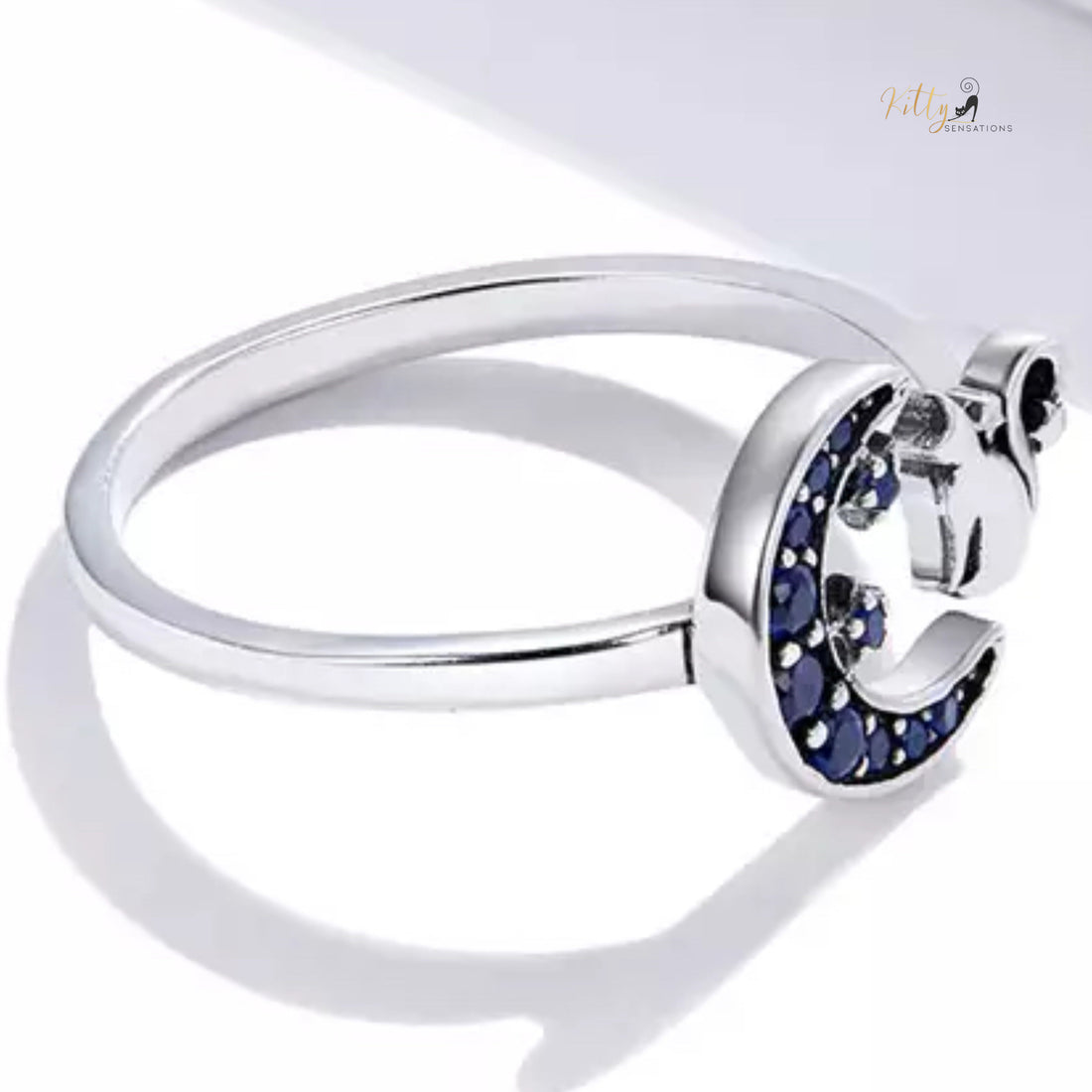 Regal Blue Moon Cat Ring in Solid 925 Sterling Silver - Adjustable