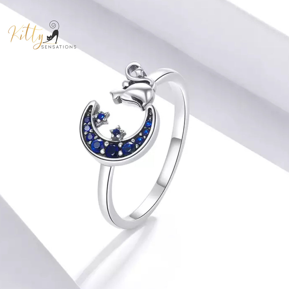 Regal Blue Moon Cat Ring in Solid 925 Sterling Silver - Adjustable