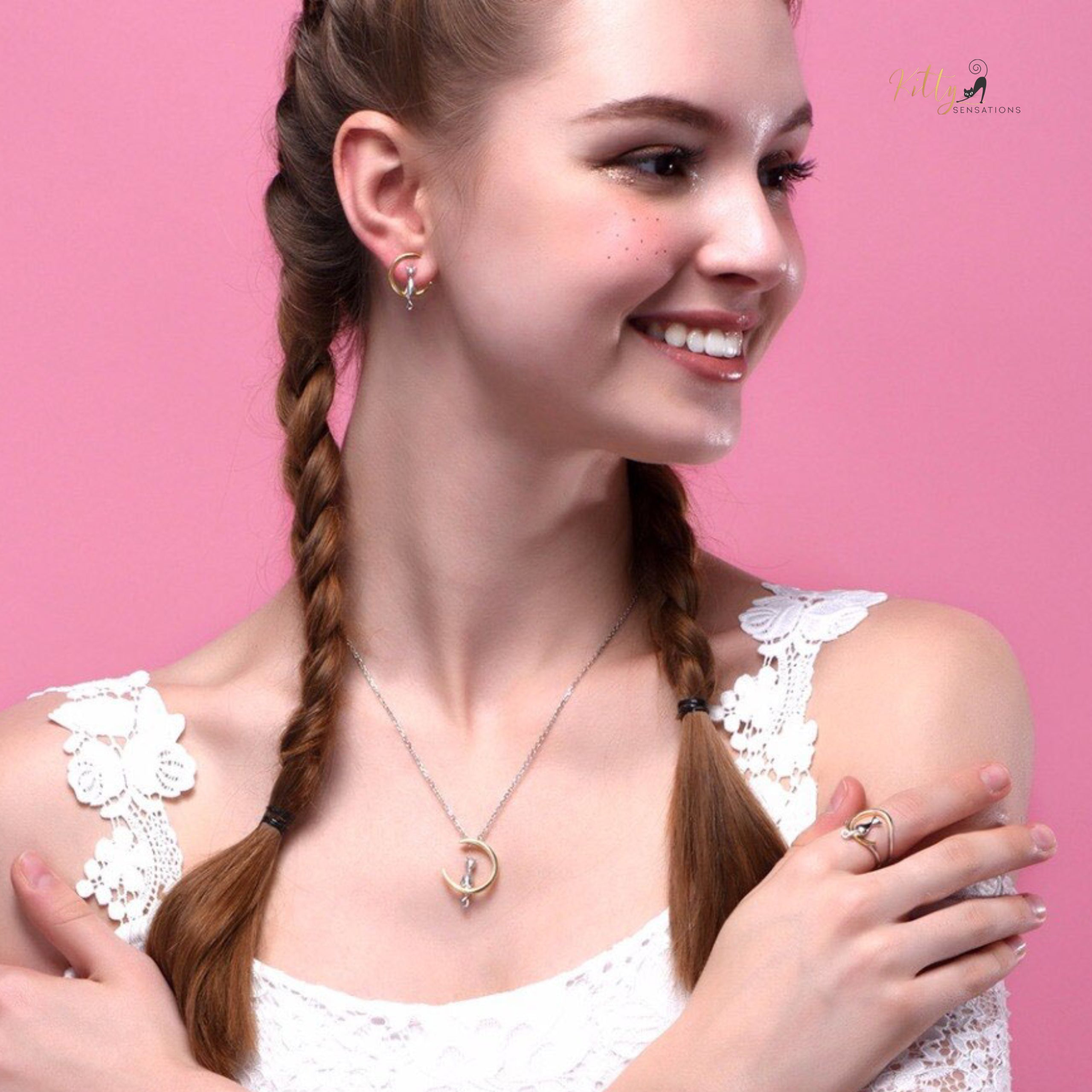 Complete Gold and Silver Moon Kitty Set in Solid 925 Sterling Silver