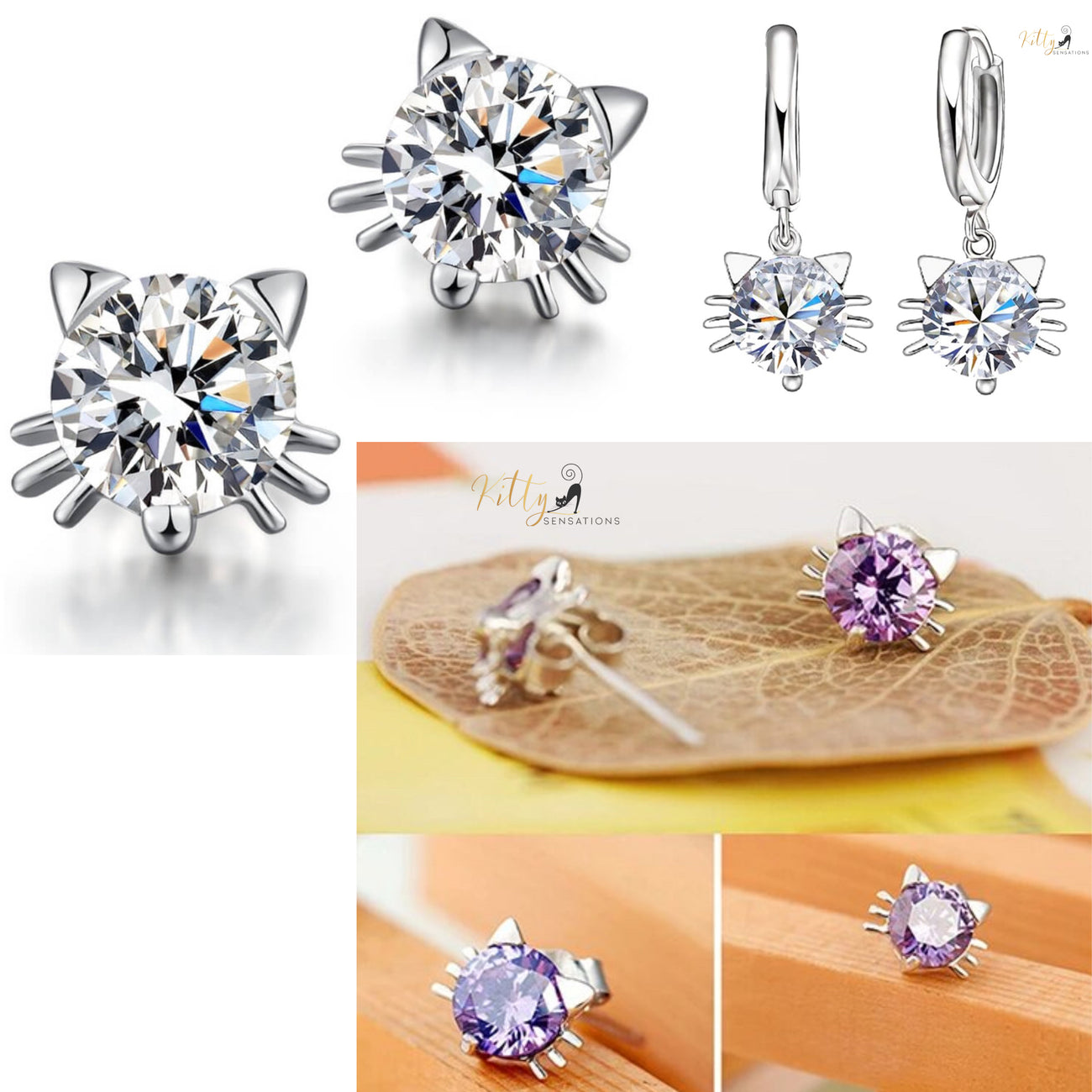 Cubic Zirconia Cat Earrings - Stud or Dangling - Your Choice! (Solid 9