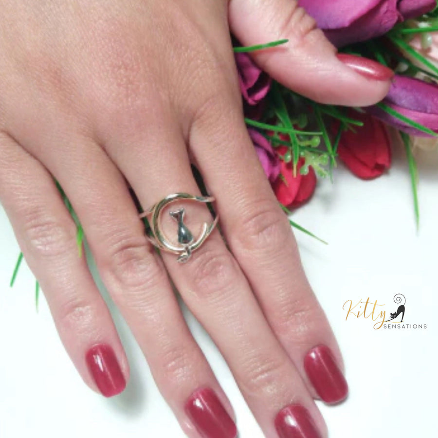 Gold and Silver Moon Kitty Double-Band Ring in Solid 925 Sterling Silv