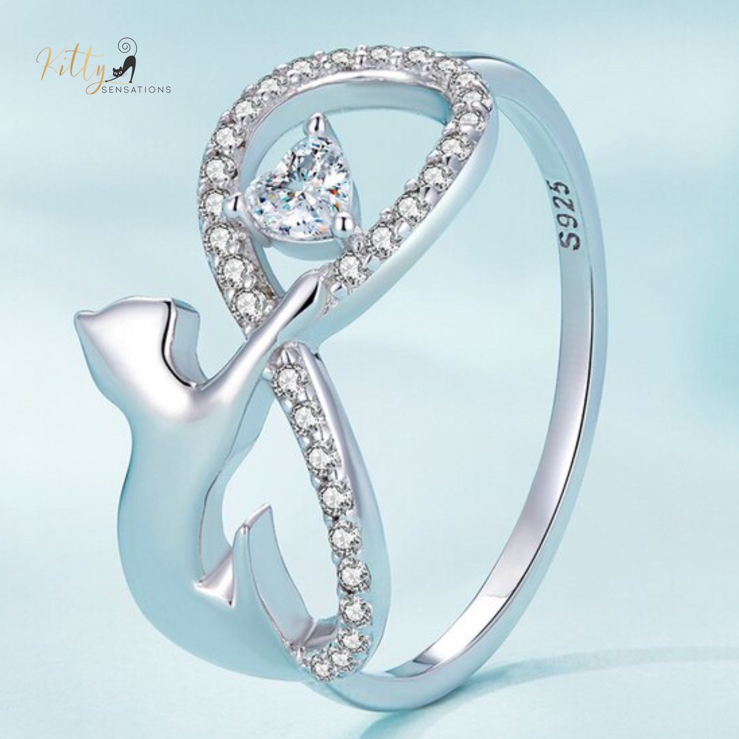 Infinite Love CZ Cat Ring in Solid 925 Sterling Silver - Platinum Plat