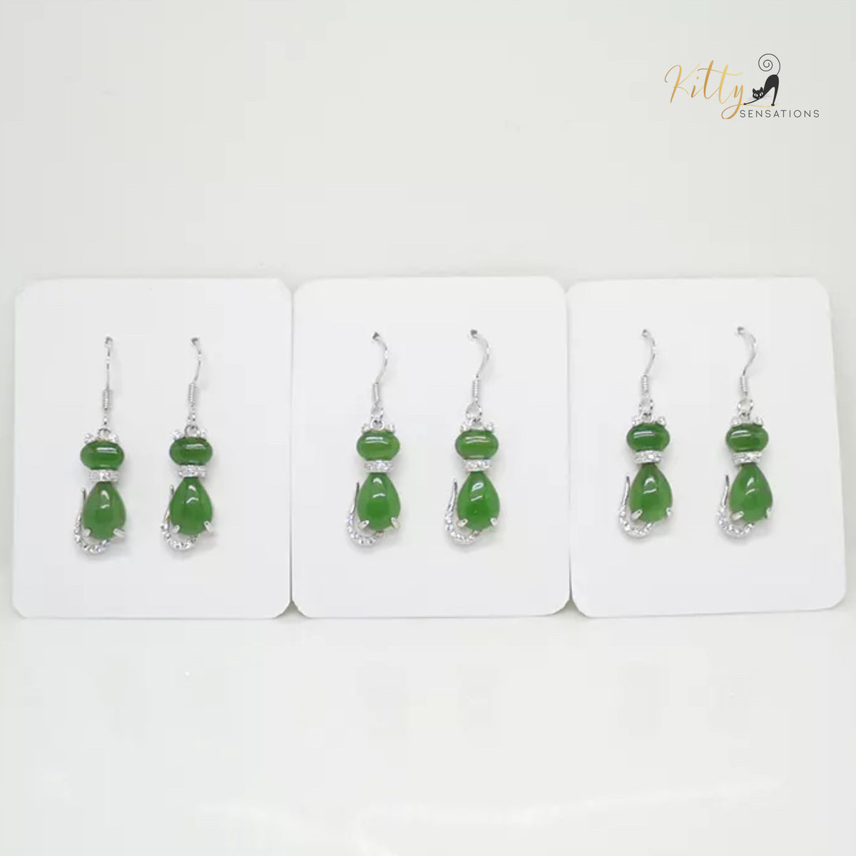 Jade Cat Earrings in Solid 925 Sterling Silver (Natural Jade, Fine Jew