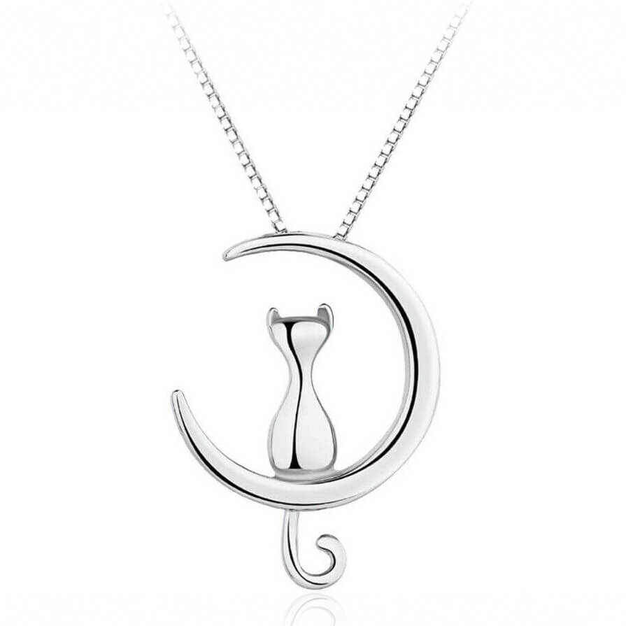 Cat Moon Necklace in Sterling Silver - Handmade
